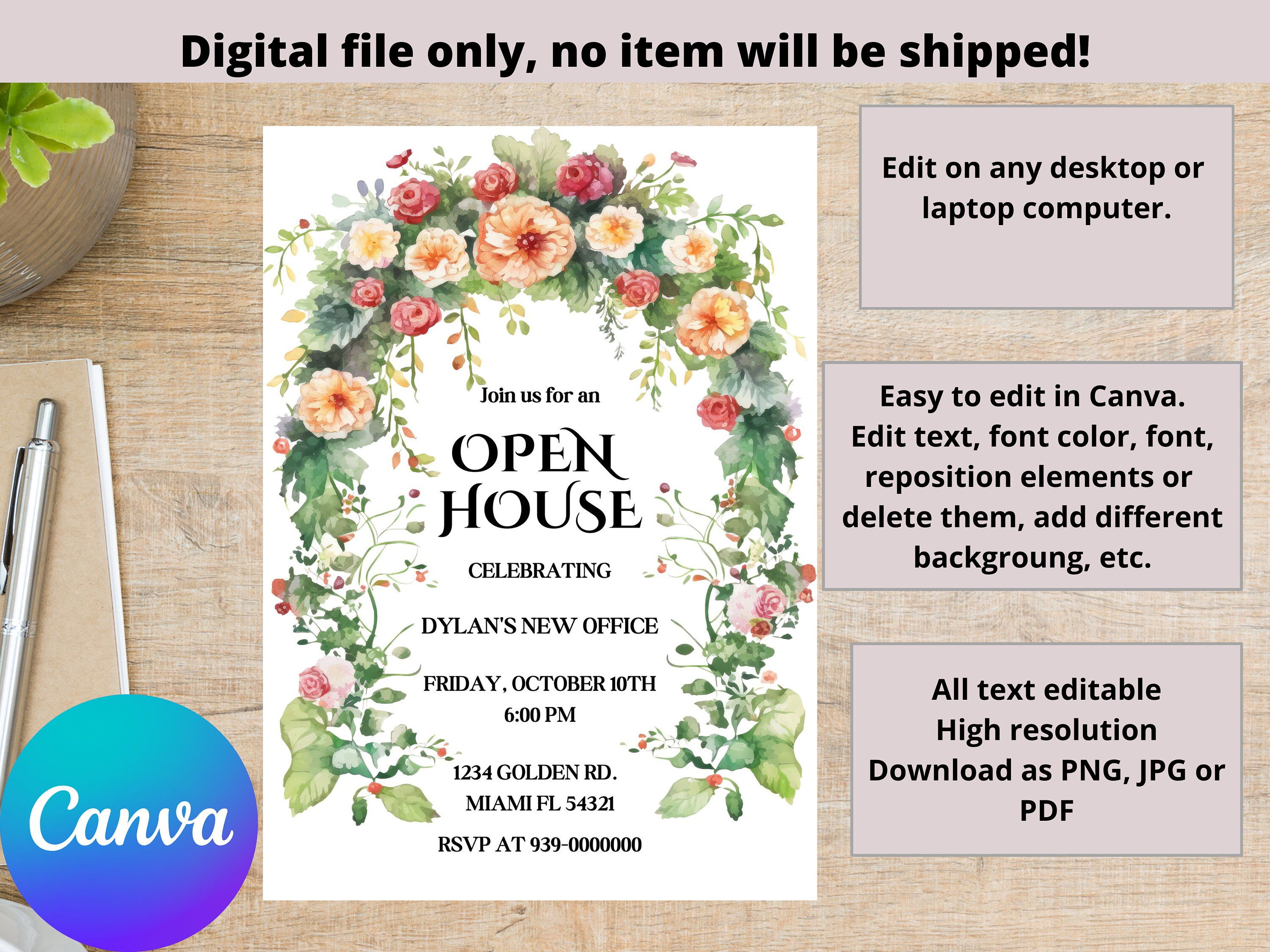 Open House Digital Invitation, New Office Invitation Template, Floral ...
