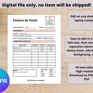 Spanish Invoice Template, Editable Factura De Venta, Canva (digital ...