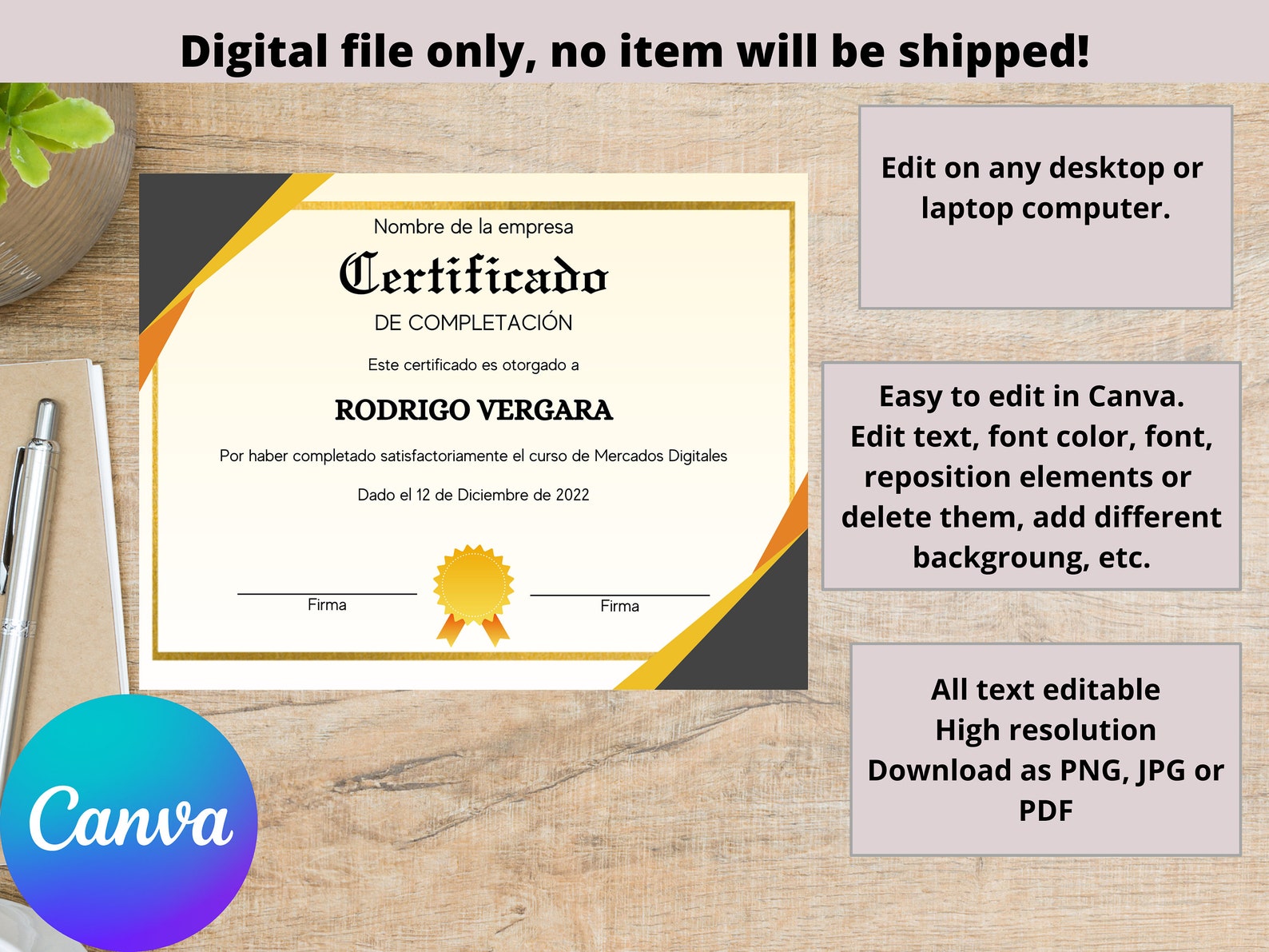 Spanish Certificate of Completion Template: Editable Canva Design ...