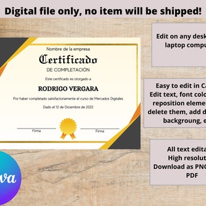 Spanish Certificate of Completion Template: Editable Canva Design ...