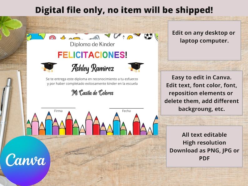 Editable Spanish Kindergarten Diploma Template (canva) - Etsy
