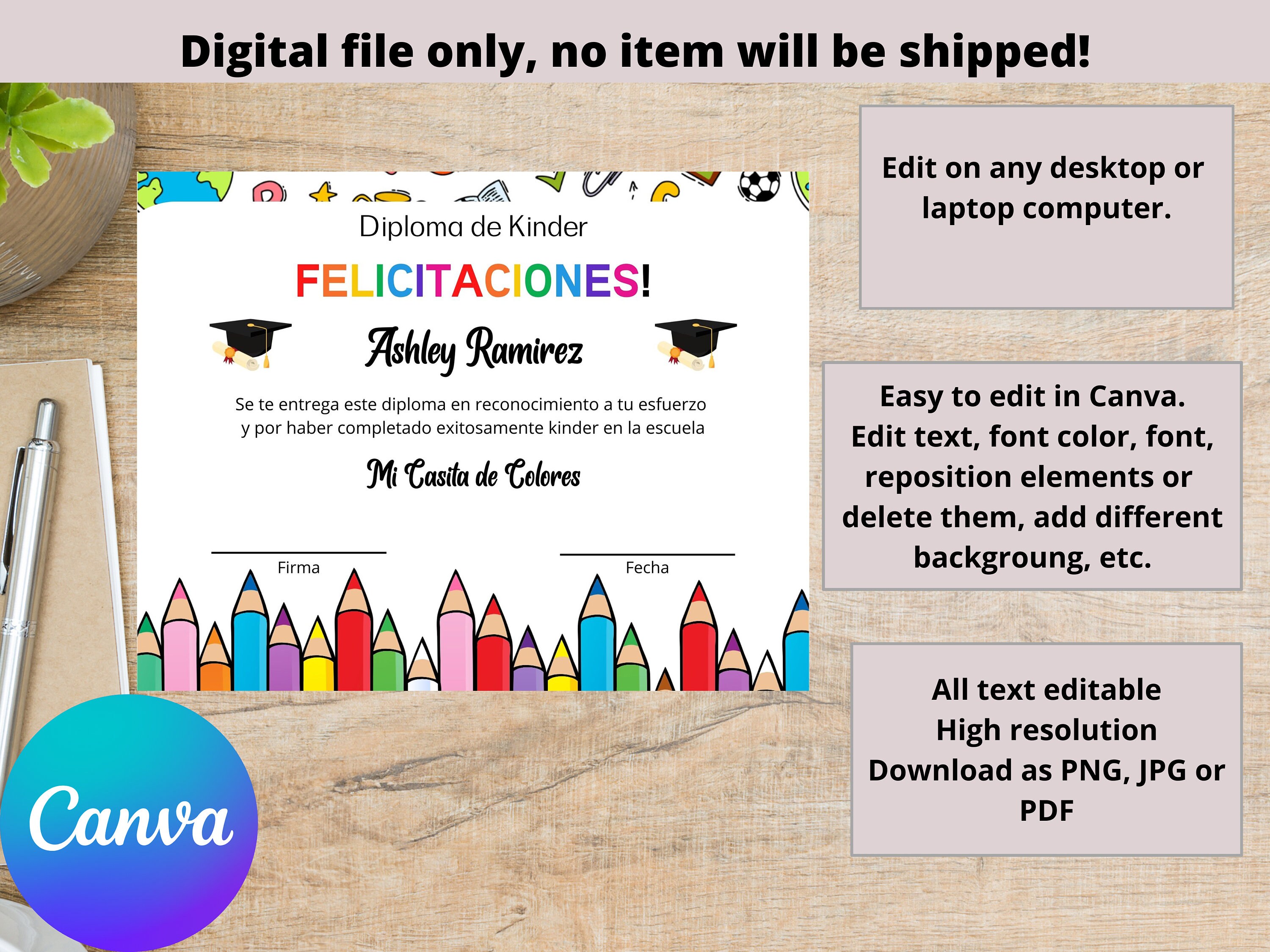 Diploma Kindergarten Plantilla Editable Canva, Spanish Kindergarten ...