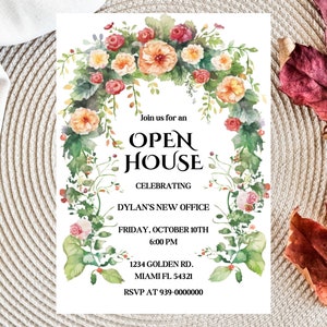 Open House Digital Invitation, New Office Invitation Template, Floral ...