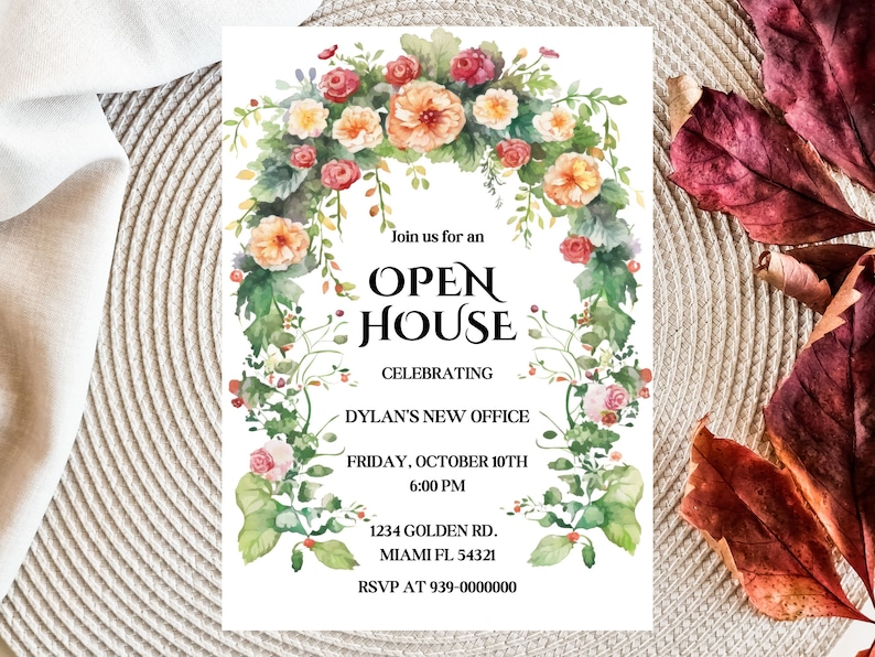 Open House Digital Invitation, New Office Invitation Template, Floral ...