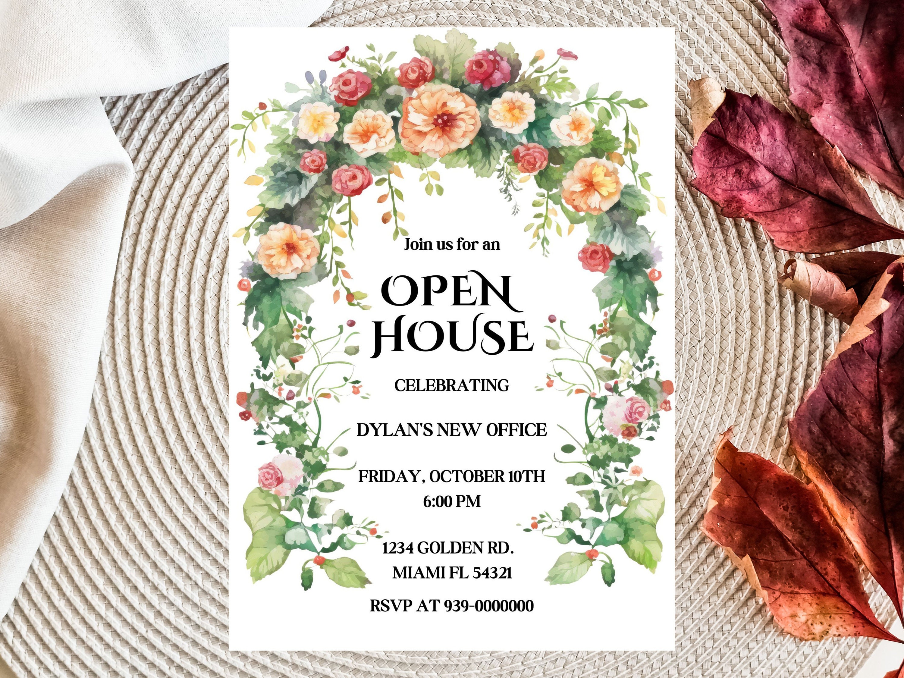 Open House Digital Invitation, New Office Invitation Template, Floral ...