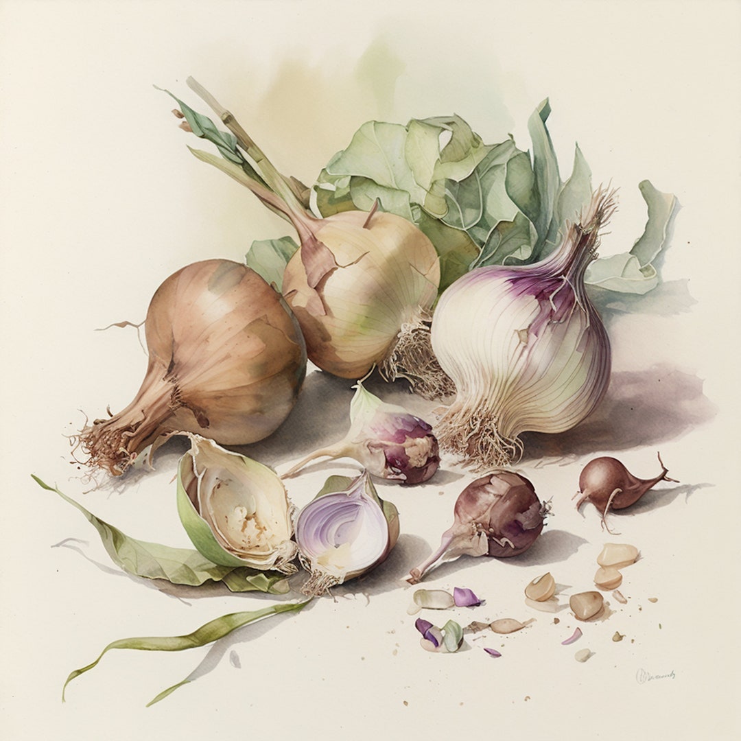 Kitchen Wall Art: Watercolor Garlic and Onion Print - Instant Download ...