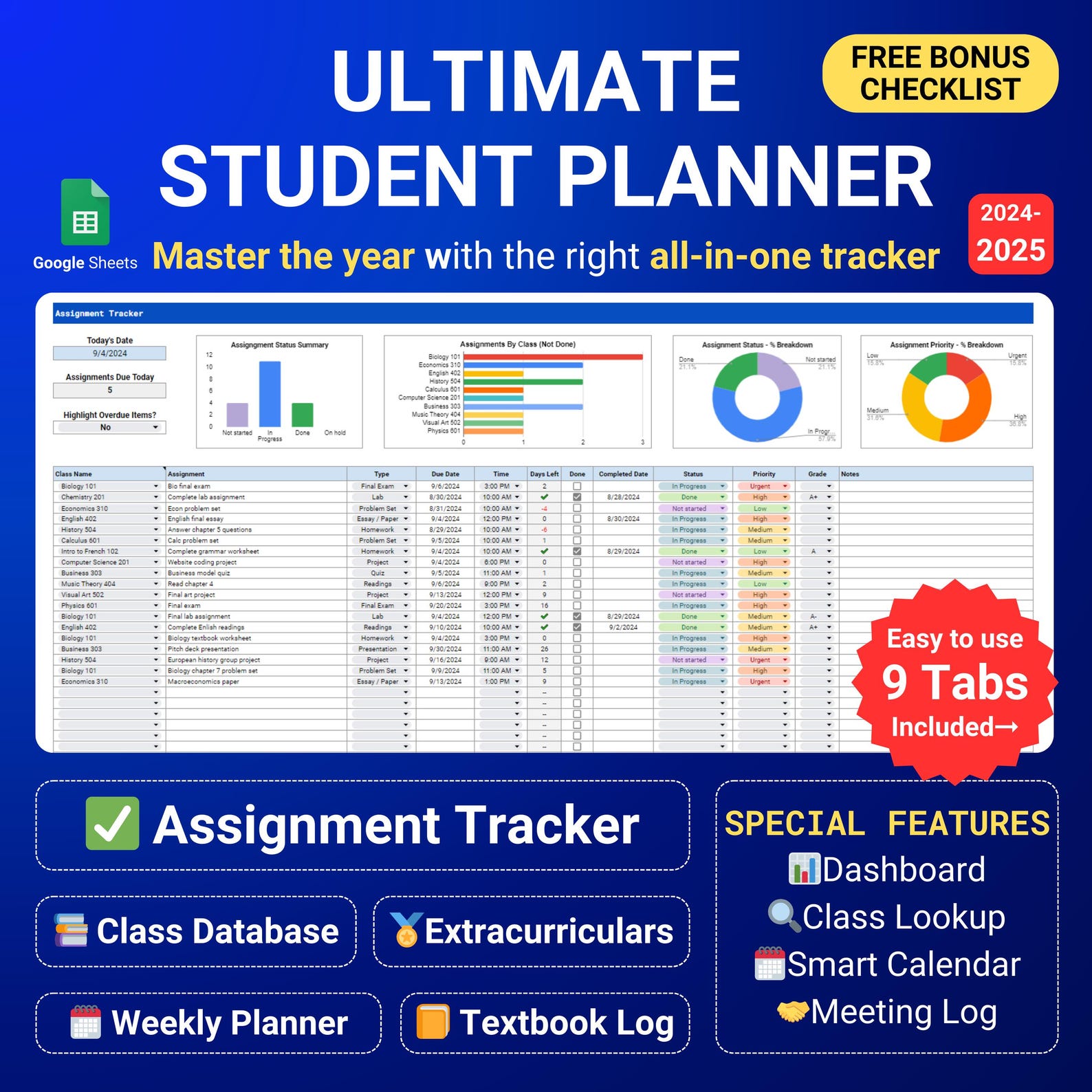 Student Planner Assignment Tracker Academic Planner Google Sheets ...