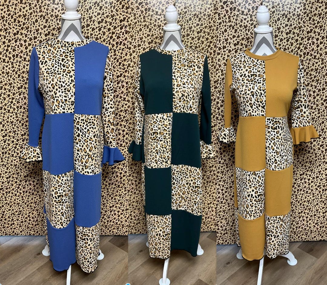 Checkered Leopard Block Dress/modest/long/flare A Line Dress - Etsy