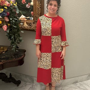 Red Leopard Checkered Block A-line Dress- Long Sleeve- Modest Dress - Etsy