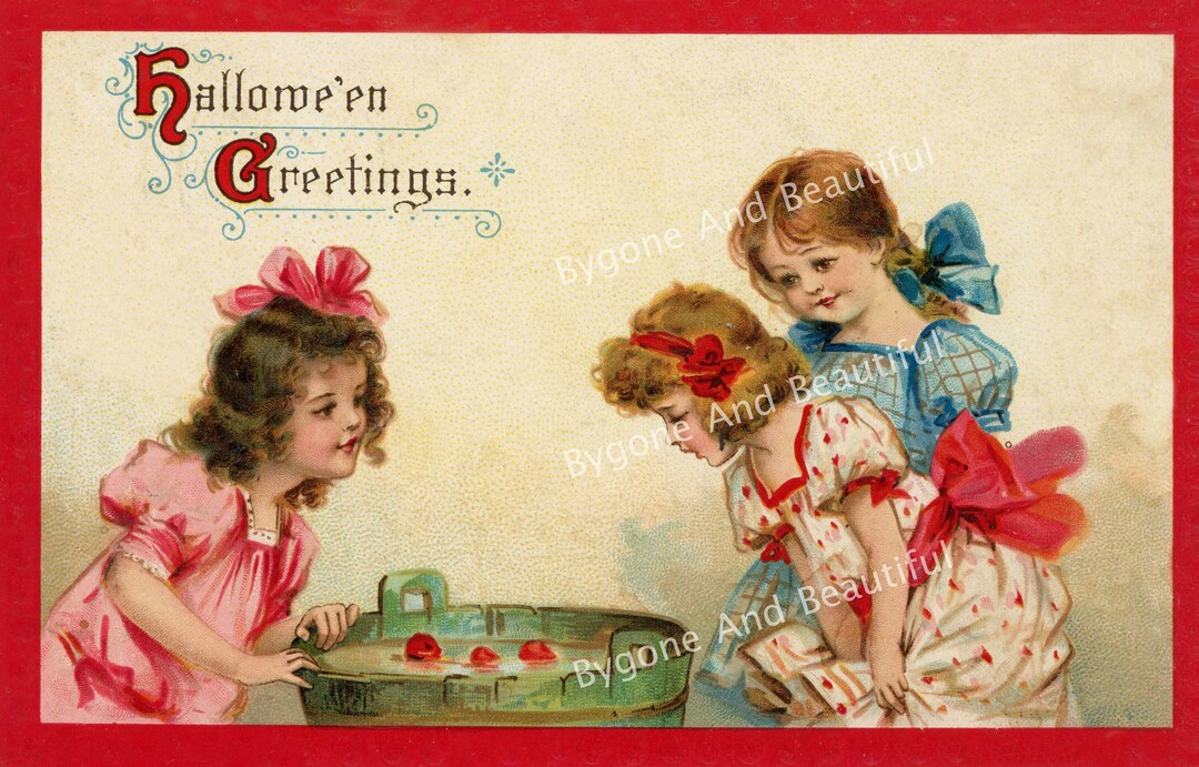 Antique Postcard Halloween Bobbing for Apples Young Girls Junk Journal ...