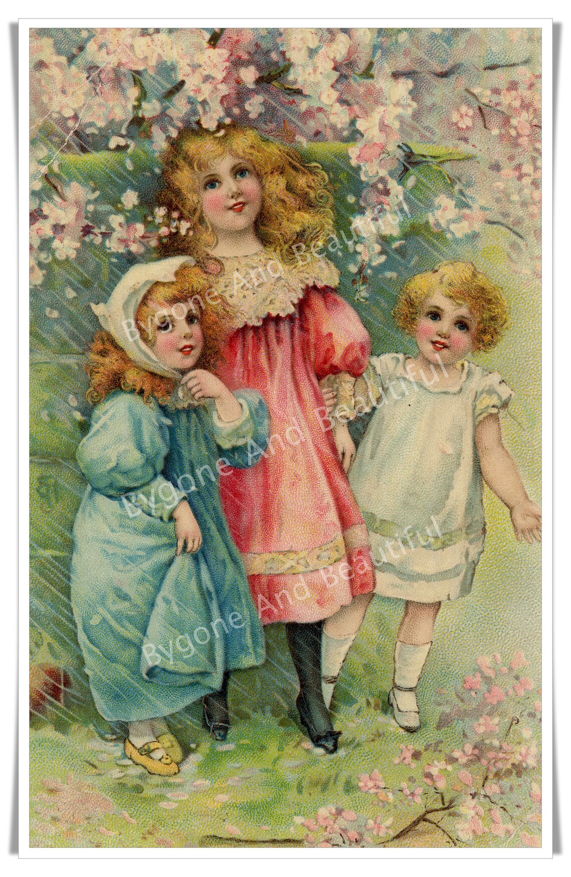 Antique Postcard 3 Victorian Children Cherry Blossoms Rain Springtime ...