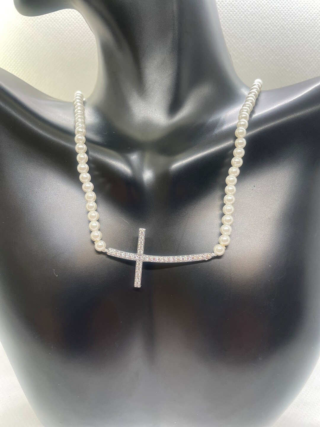 White 5mm Round Pearl Sideway Cross Necklace Lab Created Diamonds 925 ...