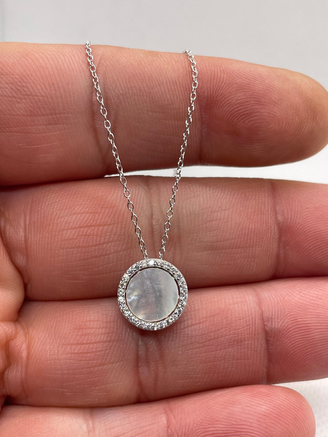 Mother Of Pearl Round Pendant Necklace Lab Created Diamonds 925
