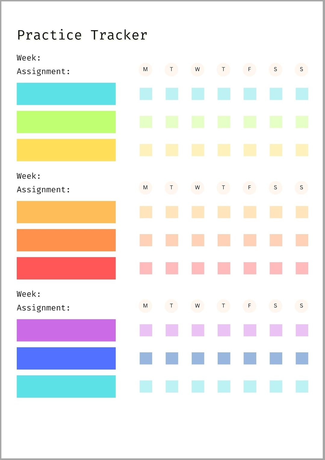 PRACTICE TRACKER Rainbow/colorful 3 Weeks of Practice for Music ...