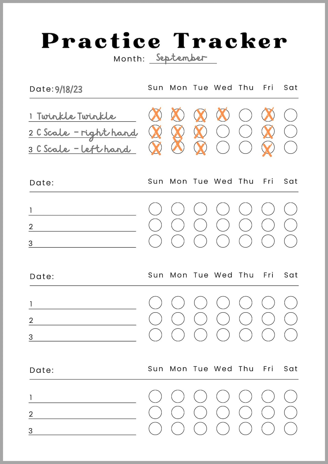 PRACTICE TRACKER Simple Black & White for Music Teachers - Etsy UK