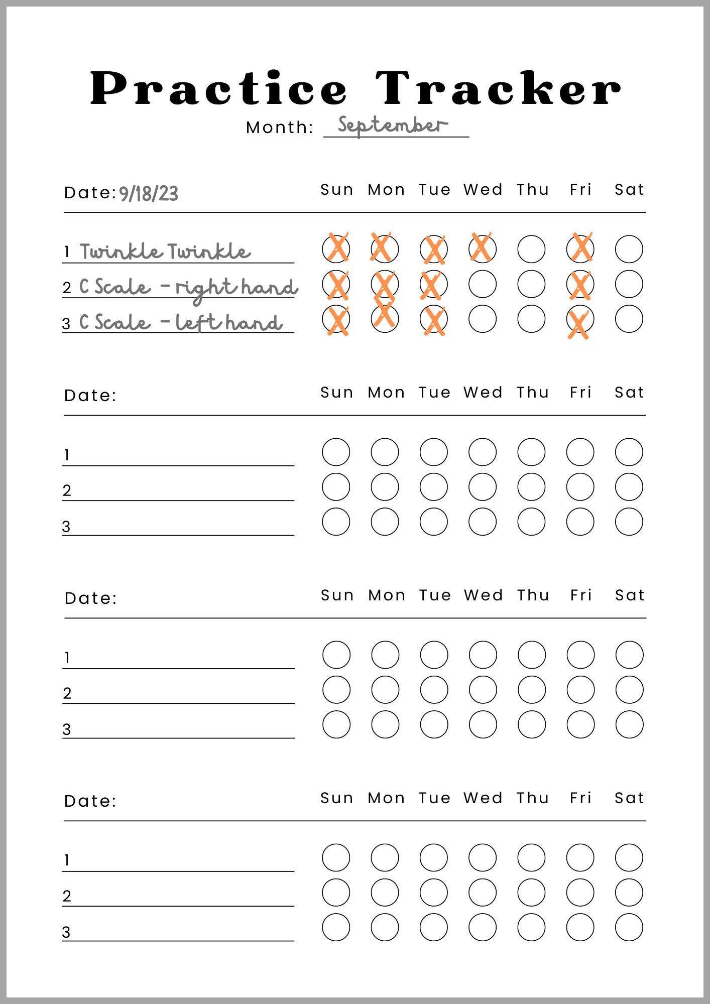 PRACTICE TRACKER Simple Black & White for Music Teachers - Etsy