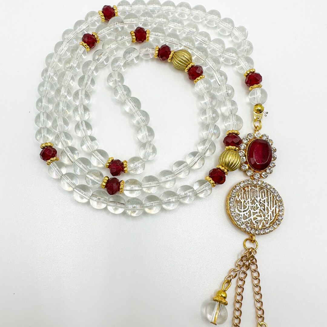 REAL White Translucent Crystal Islamic Prayer Beads, Natural Stone, 99 ...