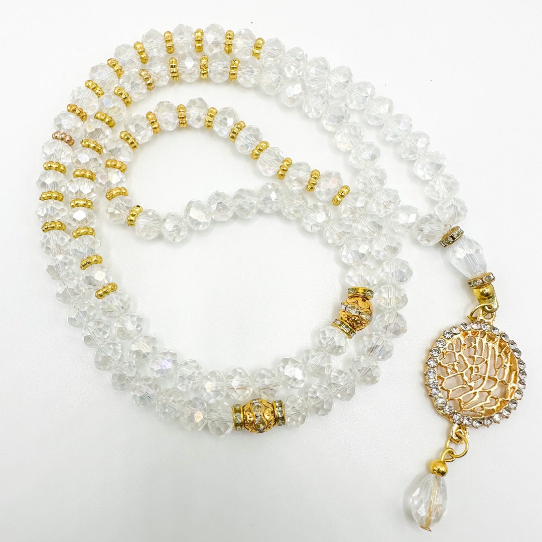 REAL White Crystal Bismillah Islamic Prayer Beads, Natural Stone 99 ...