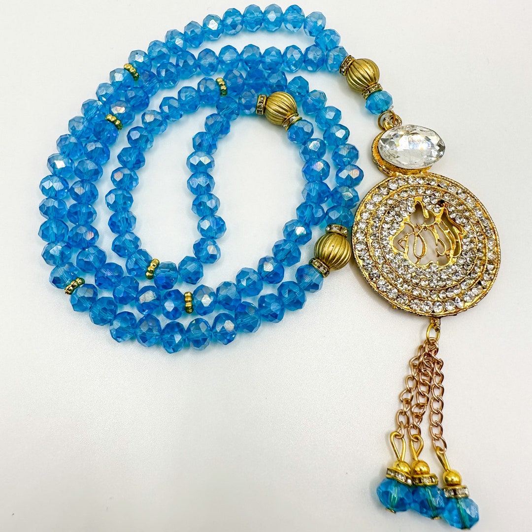 Real Blue Crystal Islamic Prayer Beads, Allah Pendant, Natural Stone 99 ...