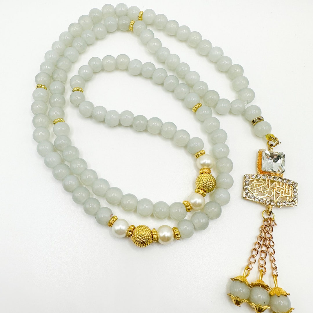 Real Light Grey Pearl Bismillah Islamic Prayer Beads, Natural Stone, 99 ...