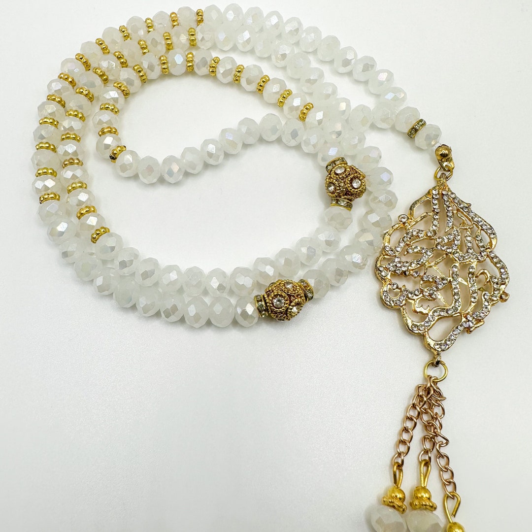 Real White Crystal Bismillah Islamic Prayer Beads, Natural Stone 99 ...