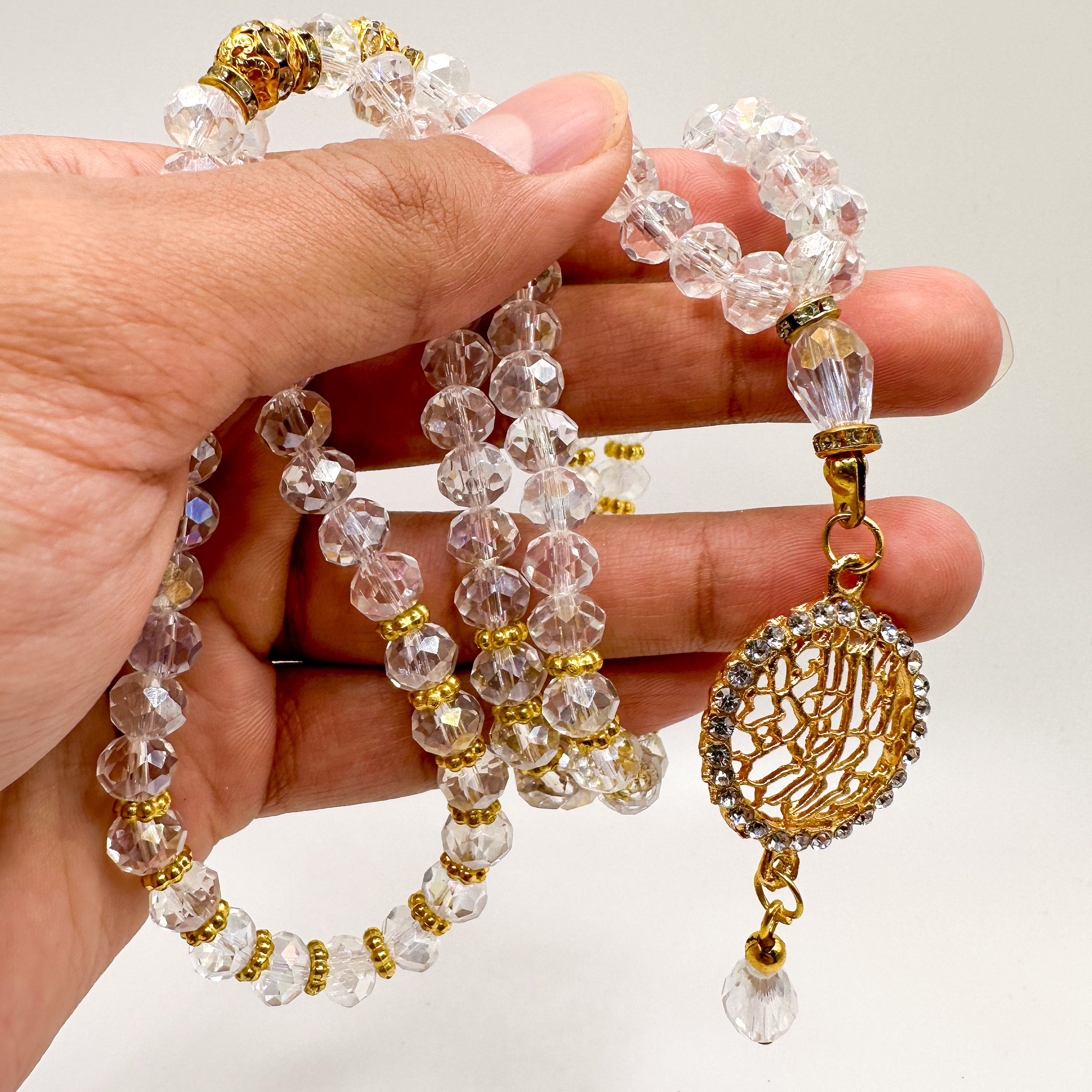 REAL White Crystal Bismillah Islamic Prayer Beads, Natural Stone 99 ...