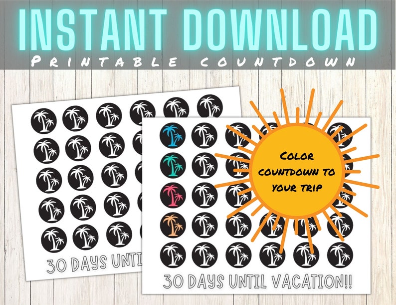 Vacation or Camping Countdown Tracker, 30 Day Color Activity (digital ...