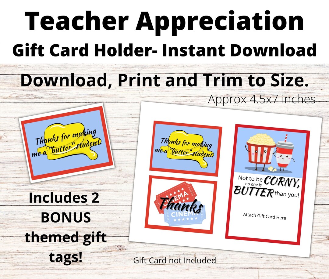 Teacher Appreciation Popcorn Gift Card Holder, Printable Thank You Tags ...