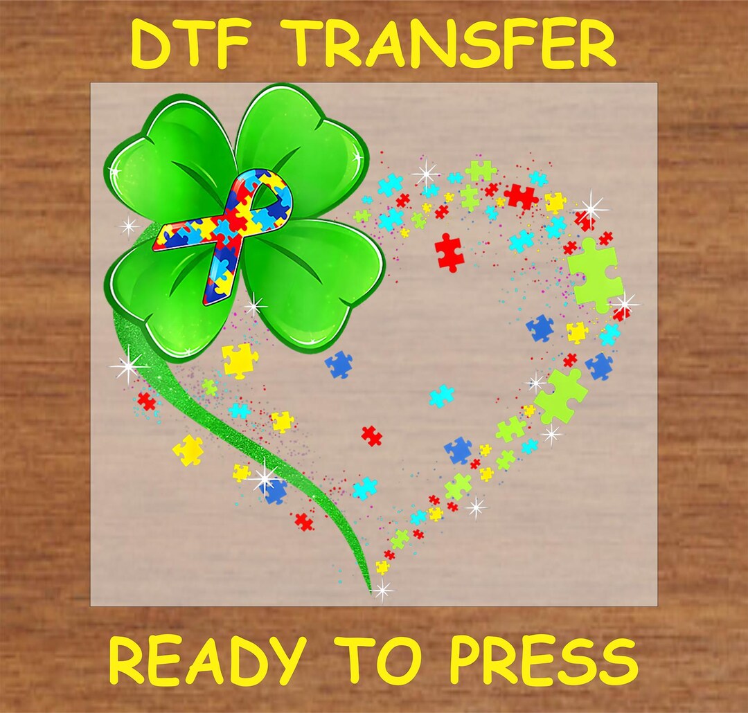 Lucky Clover Autism Heart and Puzzle Pieces Design DTF Transfer Iron on ...