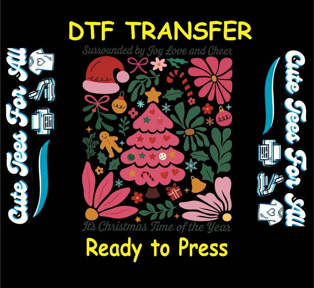 Retro Pink Christmas Tree DTF Heat Transfer – Floral Iron on Ready to ...