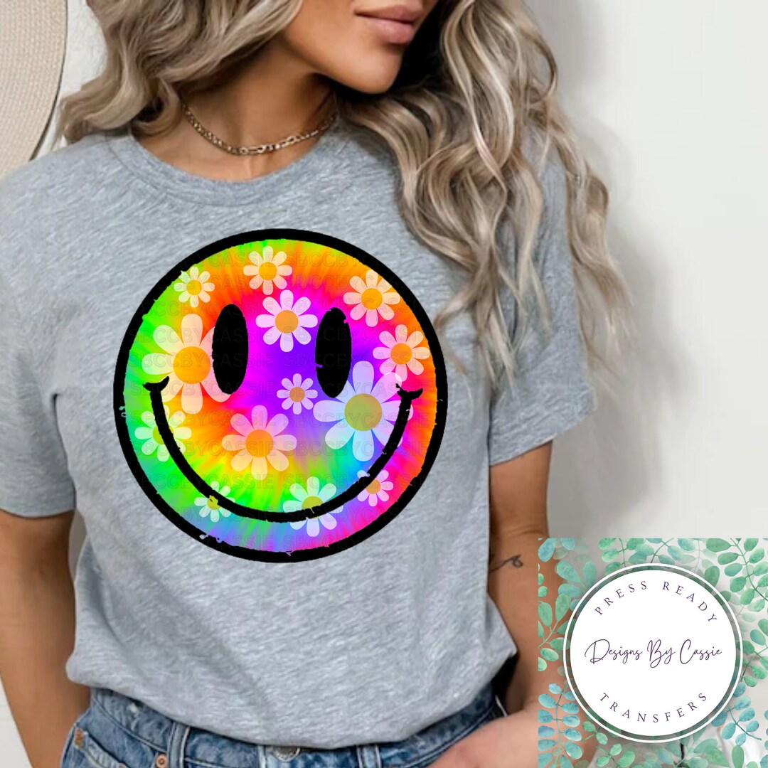 Daisy Tie-dye Smiley Face T-shirt Transfer- (DTF or Sublimation)- Ready ...