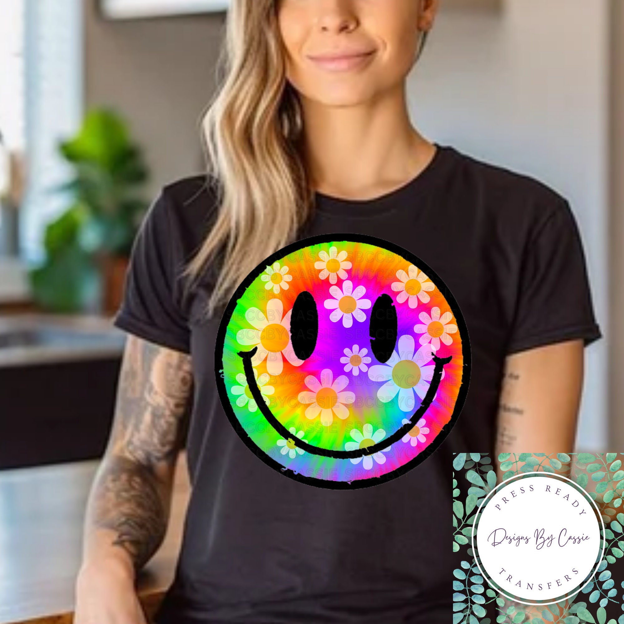 Daisy Tie-dye Smiley Face T-shirt Transfer- (DTF or Sublimation)- Ready ...