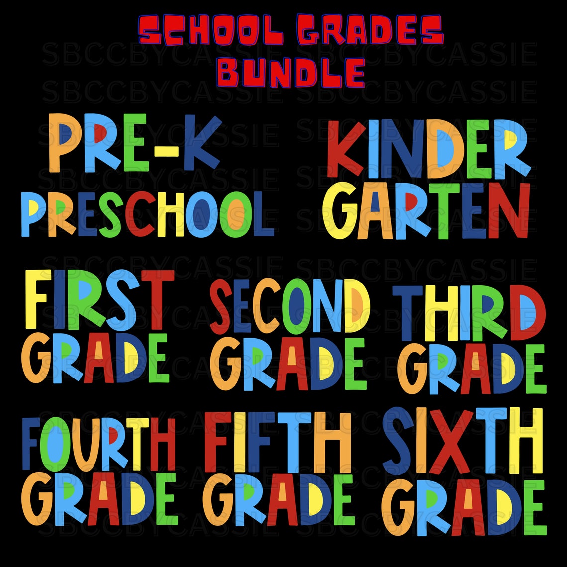 Primary Color Block Letters School Grades Bundle (x9) Designs - Digital ...