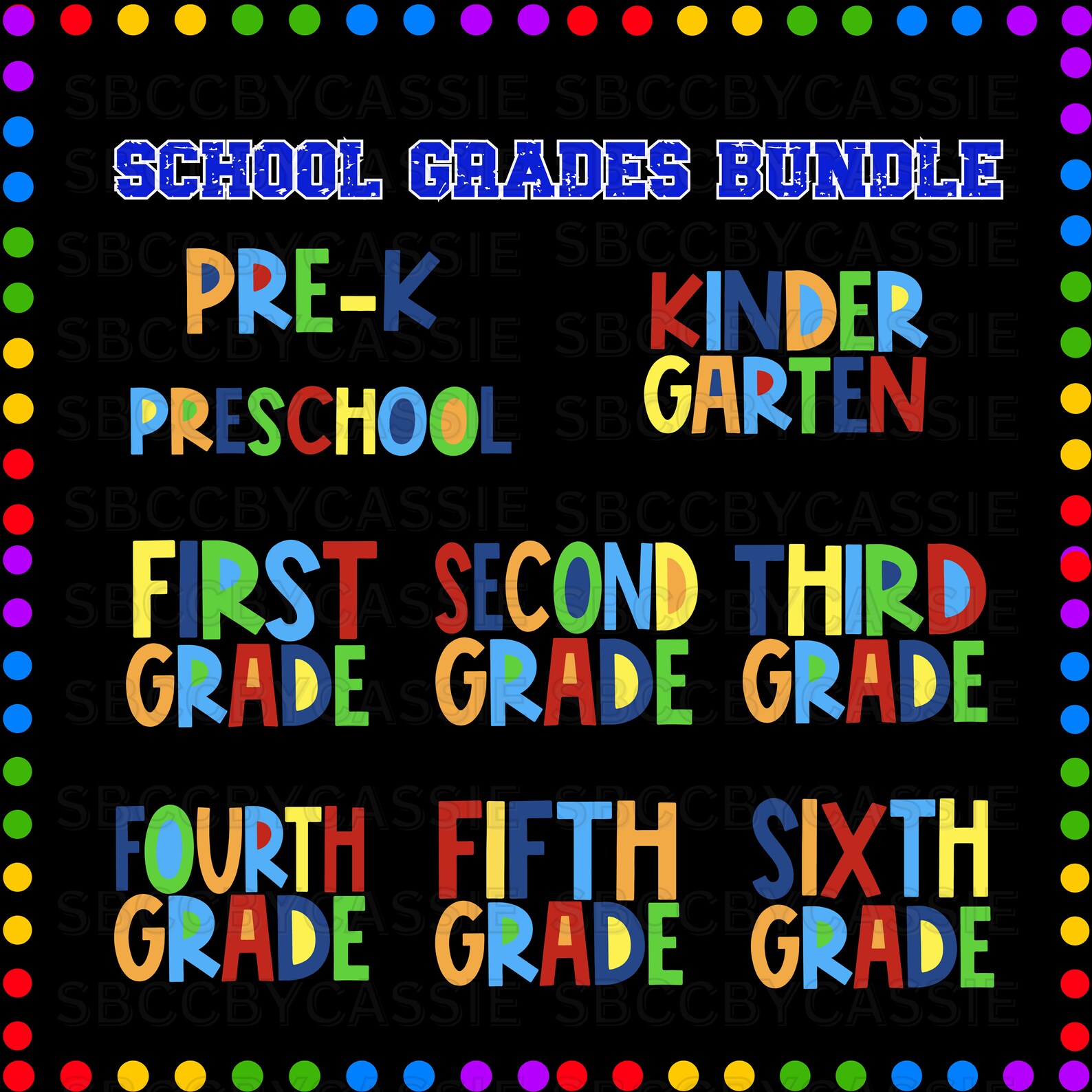 Primary Color Block Letters School Grades Bundle (x9) Designs - Digital ...