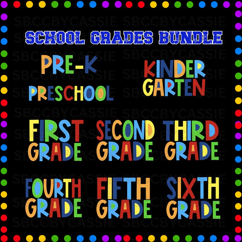 Primary Color Block Letters School Grades Bundle (x9) Designs - Digital ...
