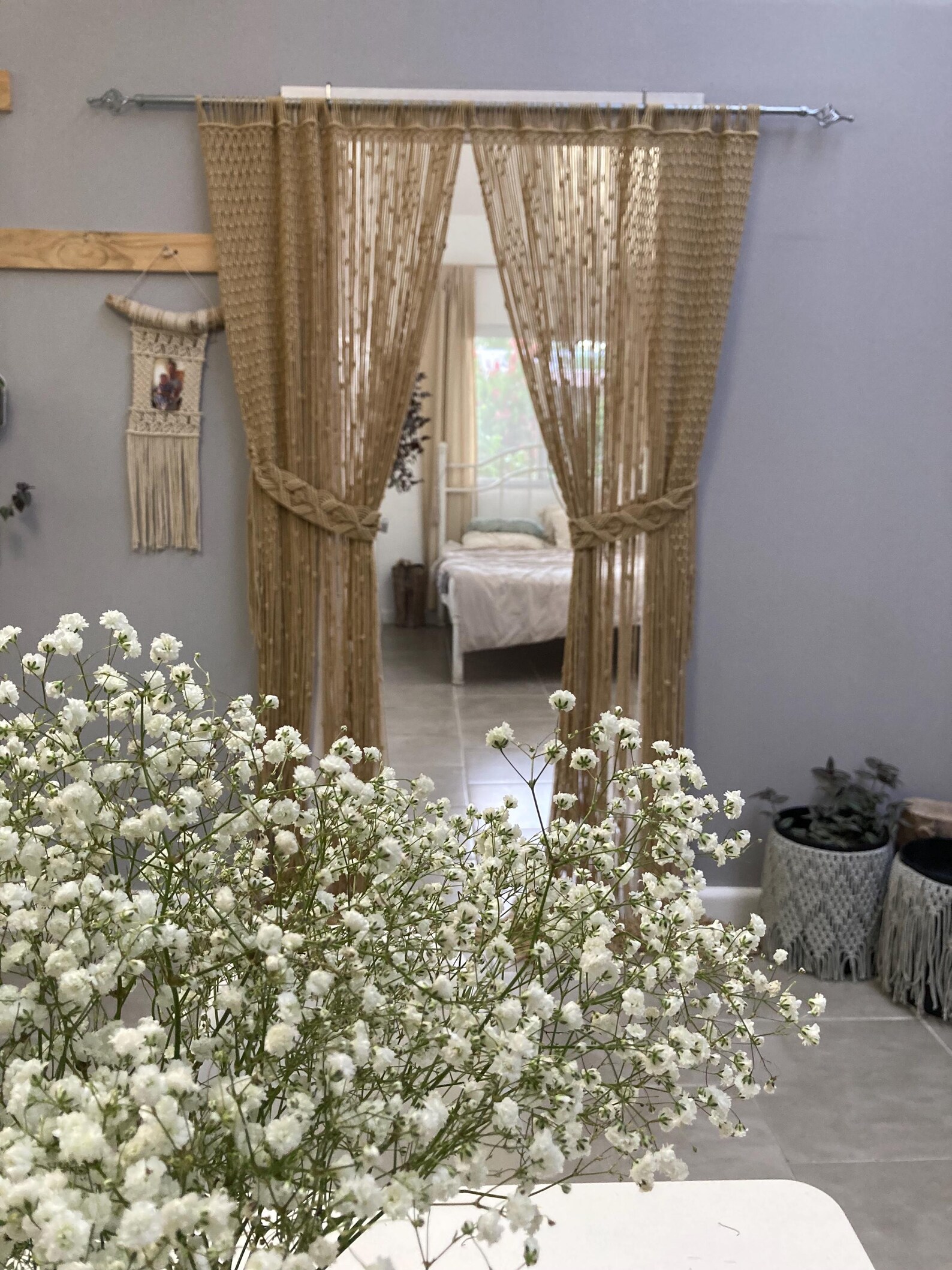 Macrame Beaded Doorway Curtain With Tie Back,diamond Closet Room ...