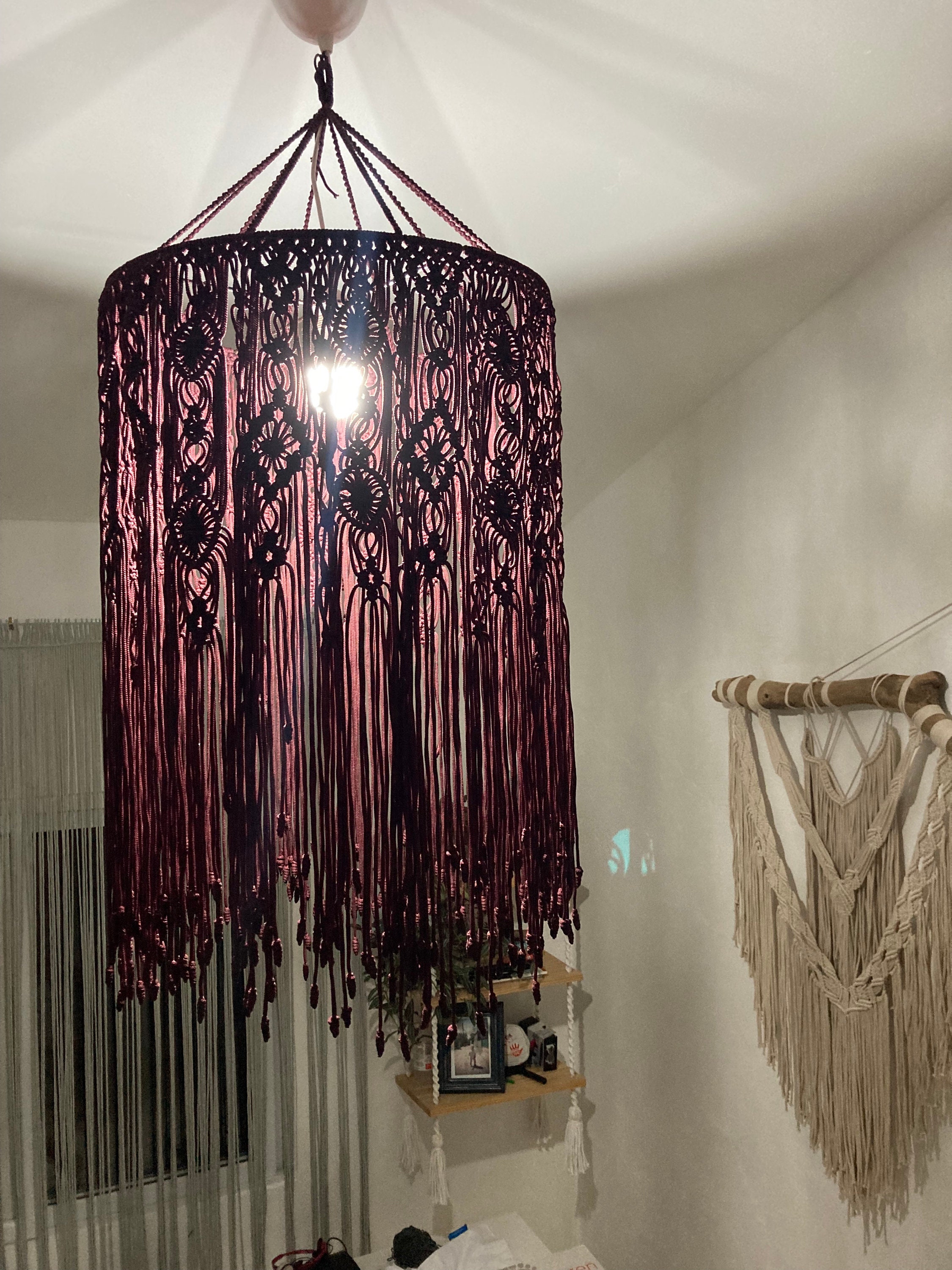 Macrame Round Lampshade,macrame Light Shade,fringe Chandelier Light ...