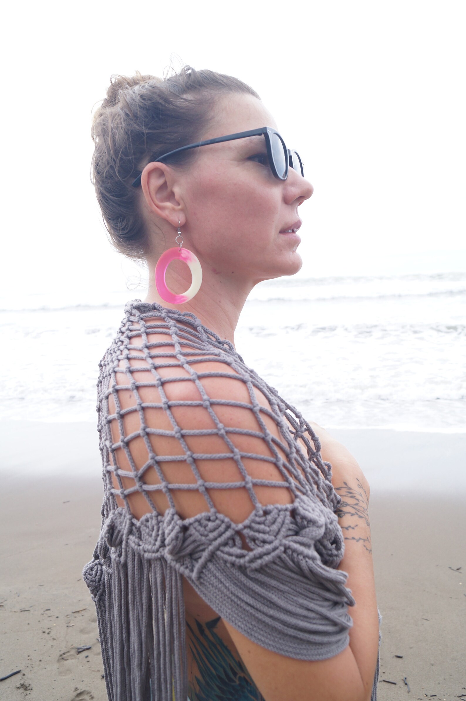 Macrame Shawl,open Weave Grey Tan Shawl,handmade Large Fringed Shawl ...