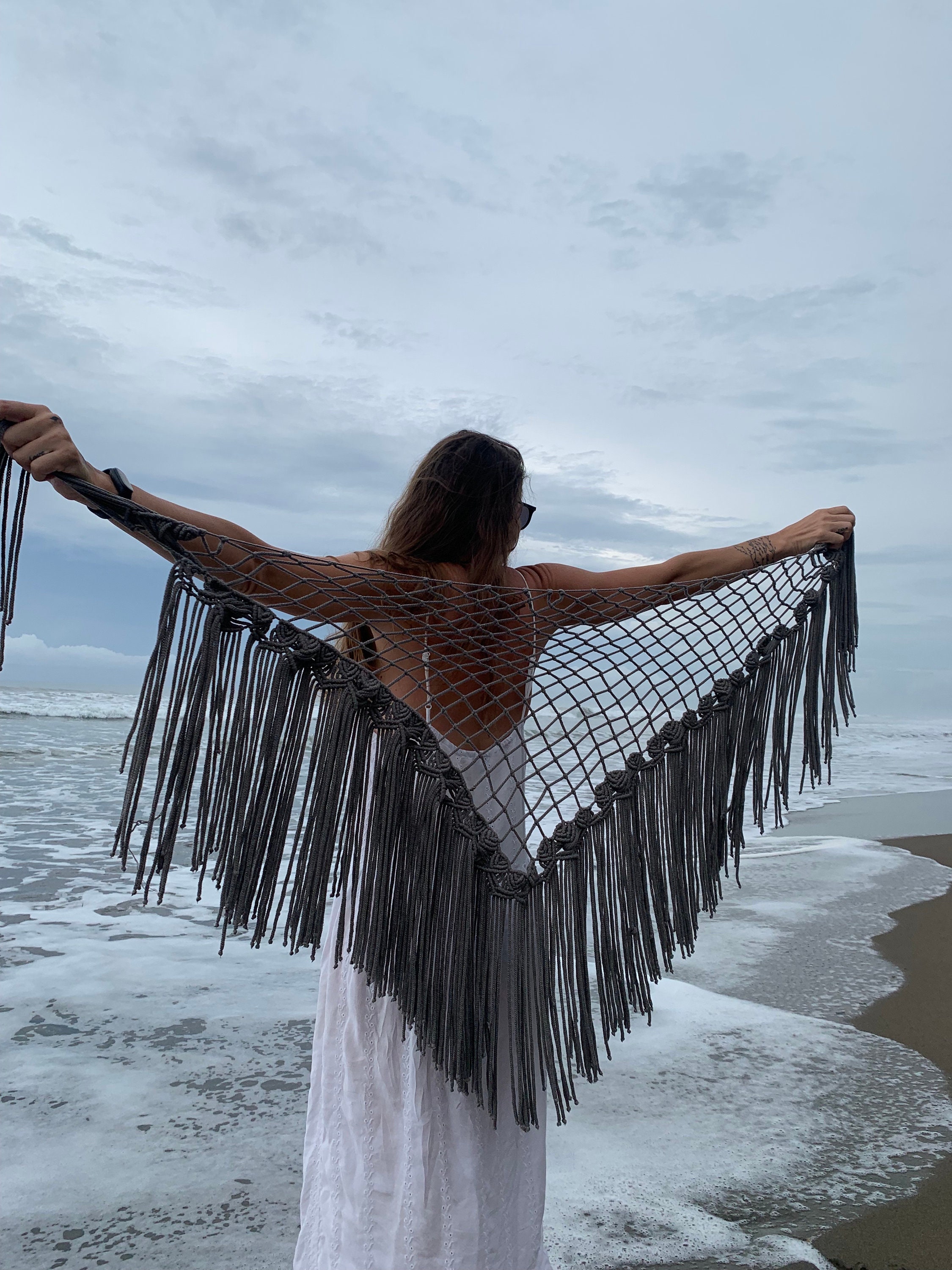 Macrame Shawl,open Weave Grey Tan Shawl,handmade Large Fringed Shawl ...