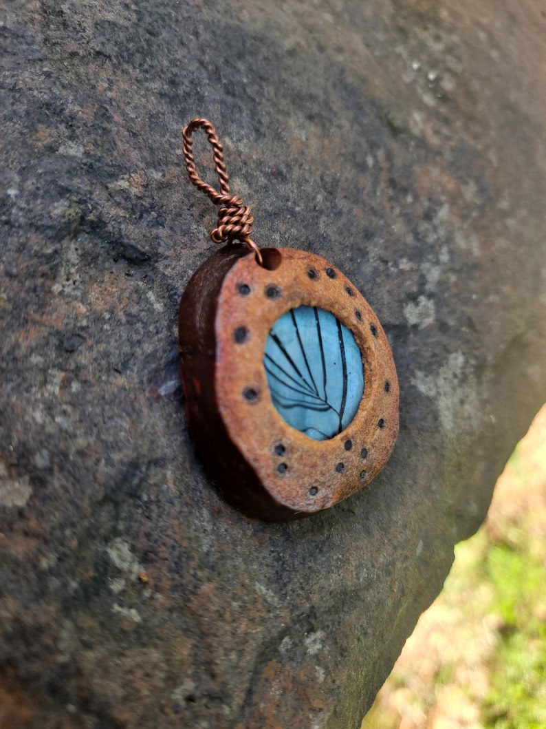 Avocado Seed Carving Pendant Shell Inlay blue - Etsy