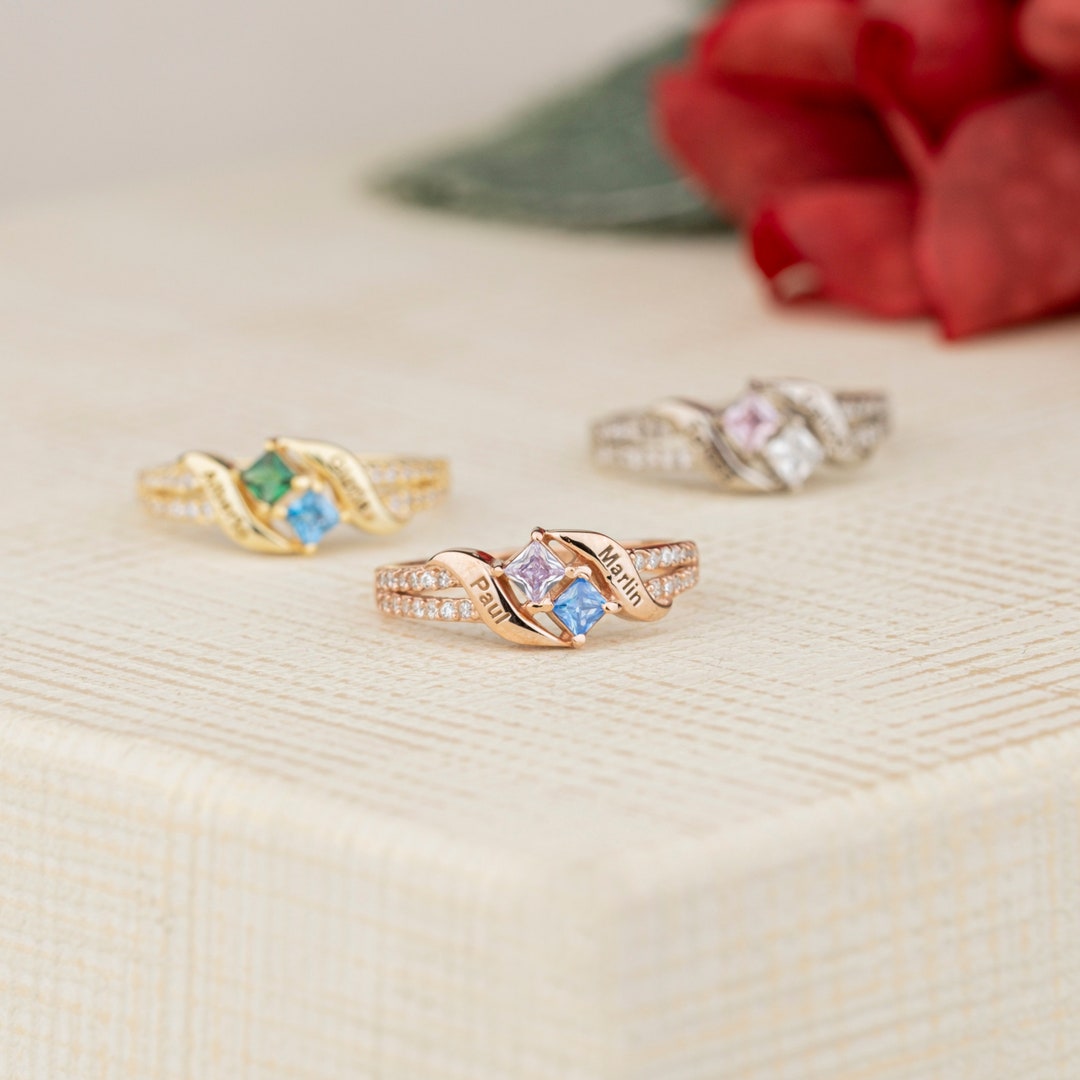 Curved Two Square Birthstone & Two Names Engraved Ring, Sterling Silver ...