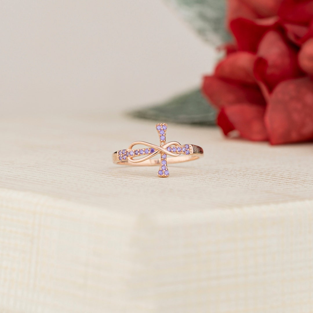 Sterling Silver Cross Eternity Ring, Birthstone Ring, 925K Ring, Handmade Jewelry, Customizable ...