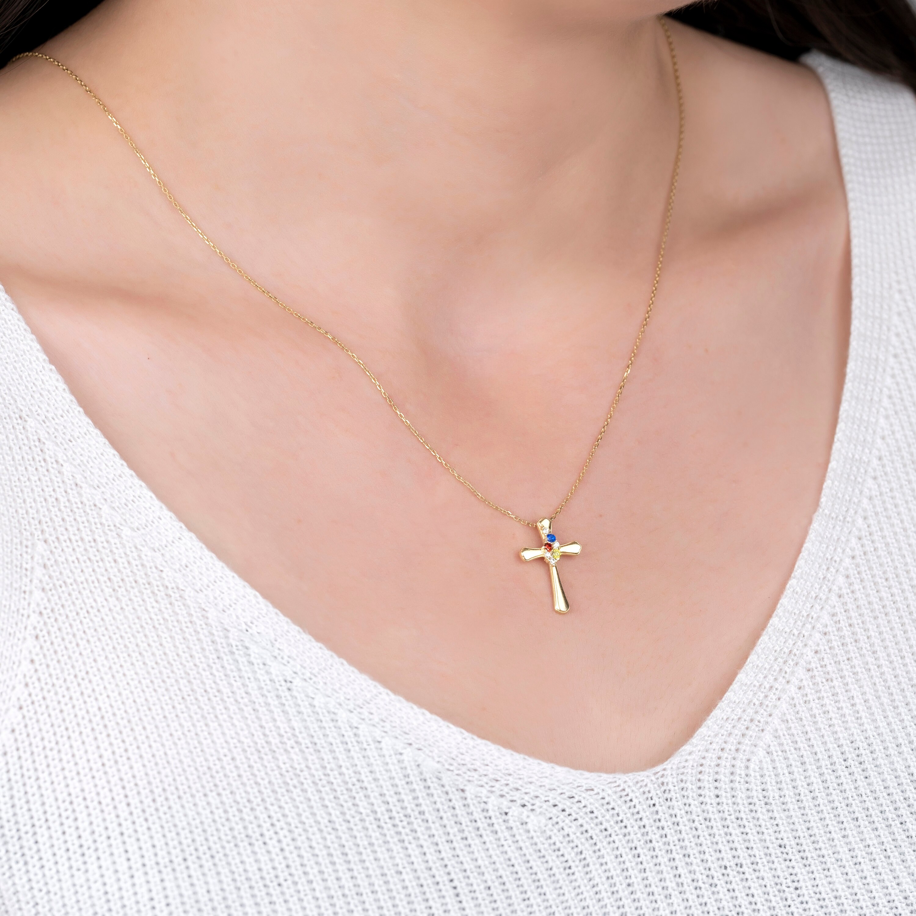 Birthstone Handmade Necklace, Cross Necklace, Dainty Birthstone Cross ...