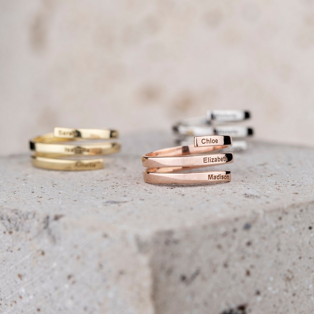 3 Name Engraved Ring, Spiral Band Real Silver Mothers Ring, Handmade ...
