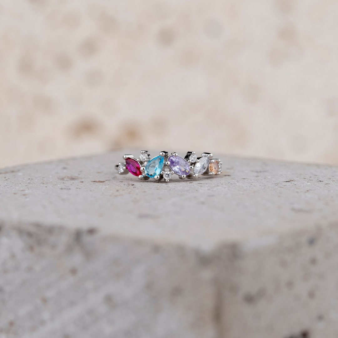 5 Multi Birthstone Ring, Minimalist Ring, Sterling Silver Mothers Ring ...