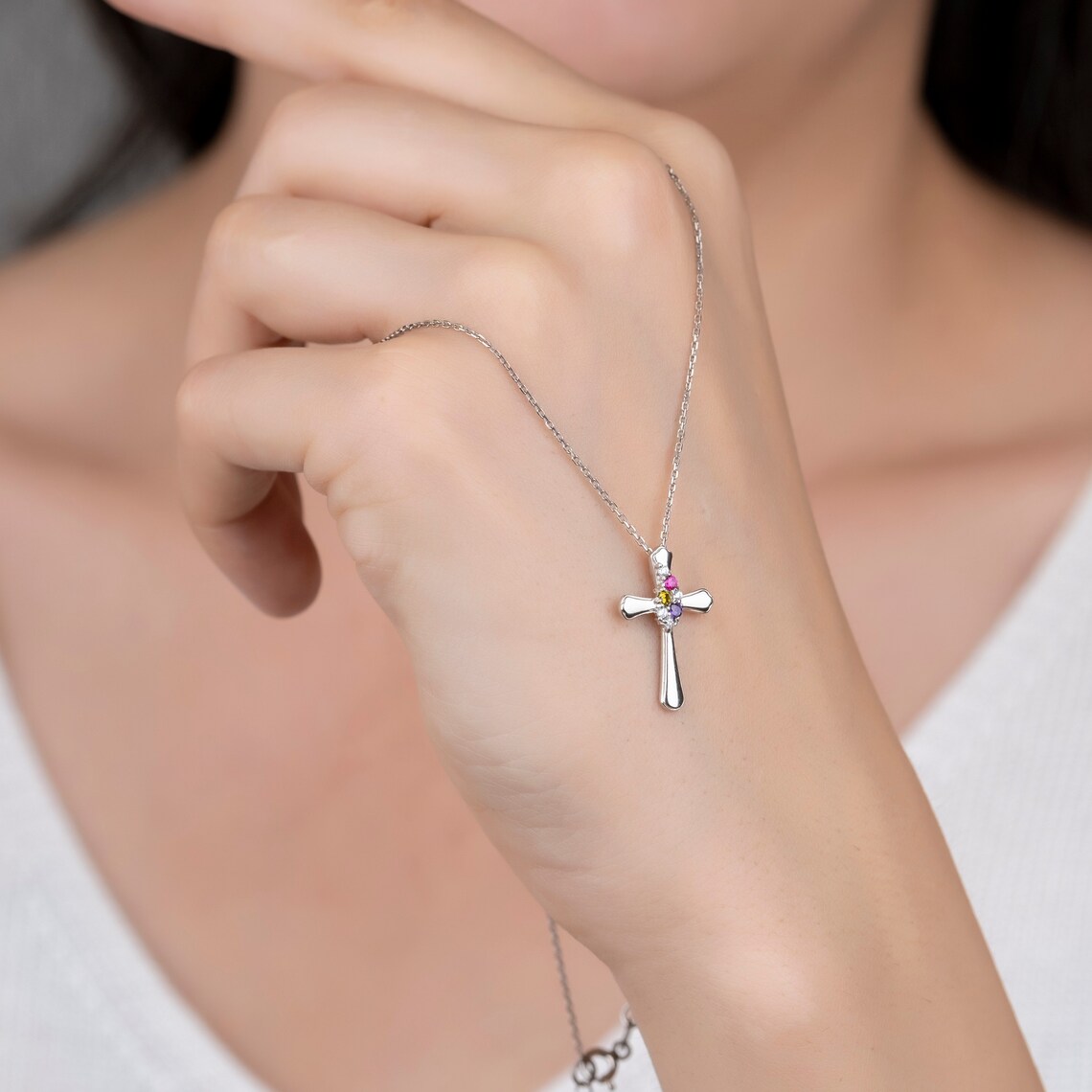 Birthstone Handmade Necklace, Cross Necklace, Dainty Birthstone Cross ...