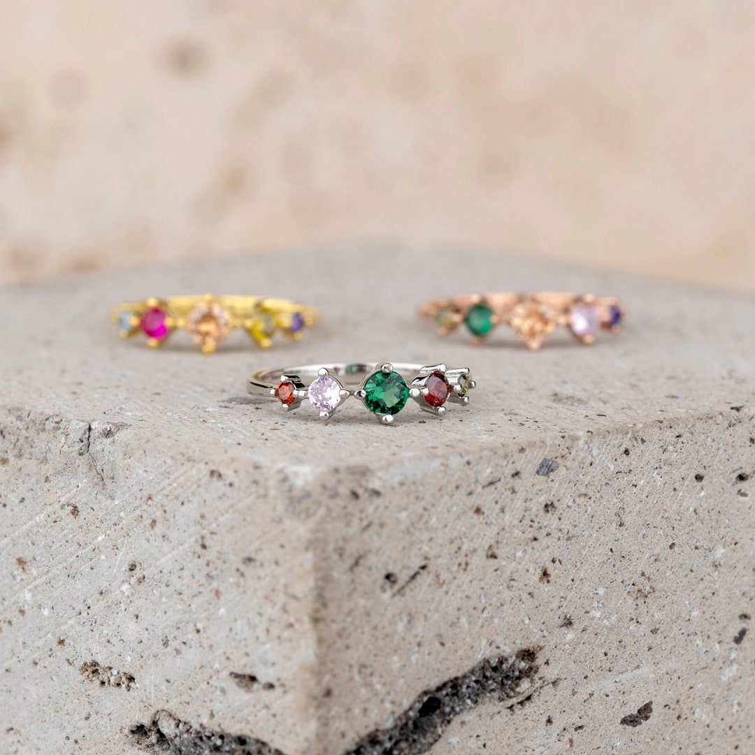 5 Multi Birthstone Ring, Minimalist Ring, Sterling Silver Mother Ring ...