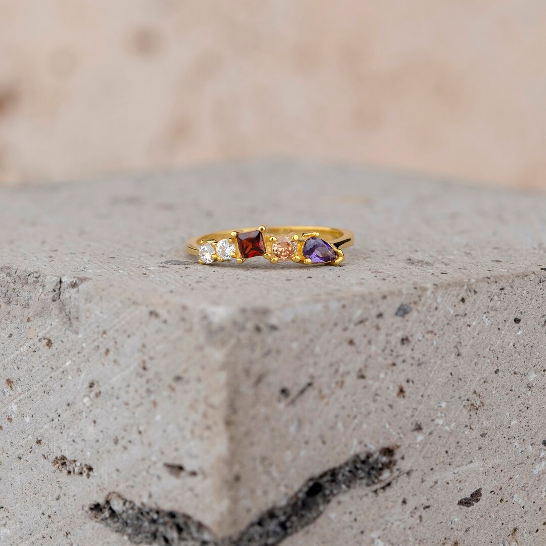 3 Birthstones Ring, Pear & Square Cut, Sterling Silver Mother Ring ...