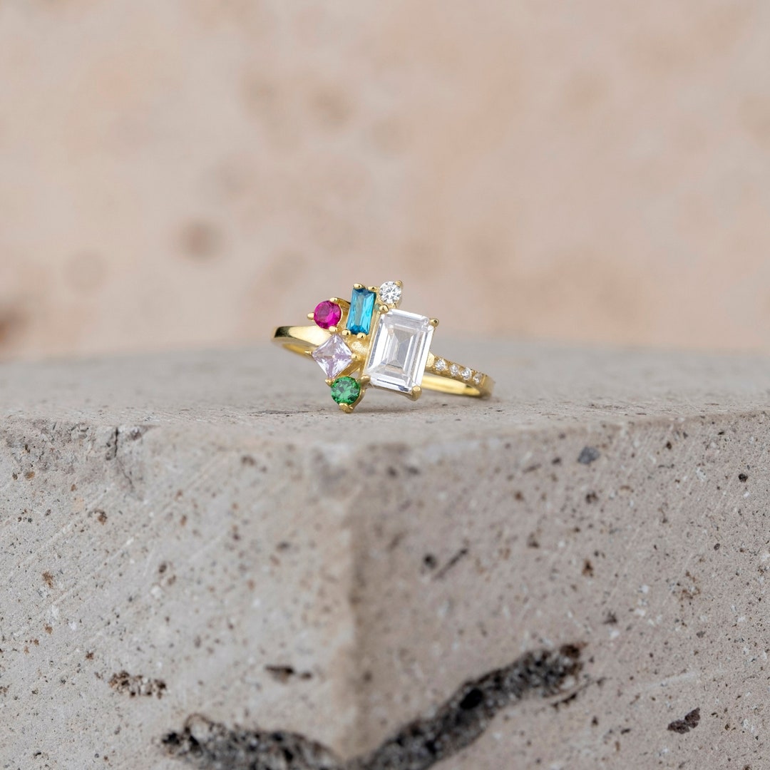 5 Birthstones Ring, Baguette Ring, Square Cut Birthstone, Sterling ...