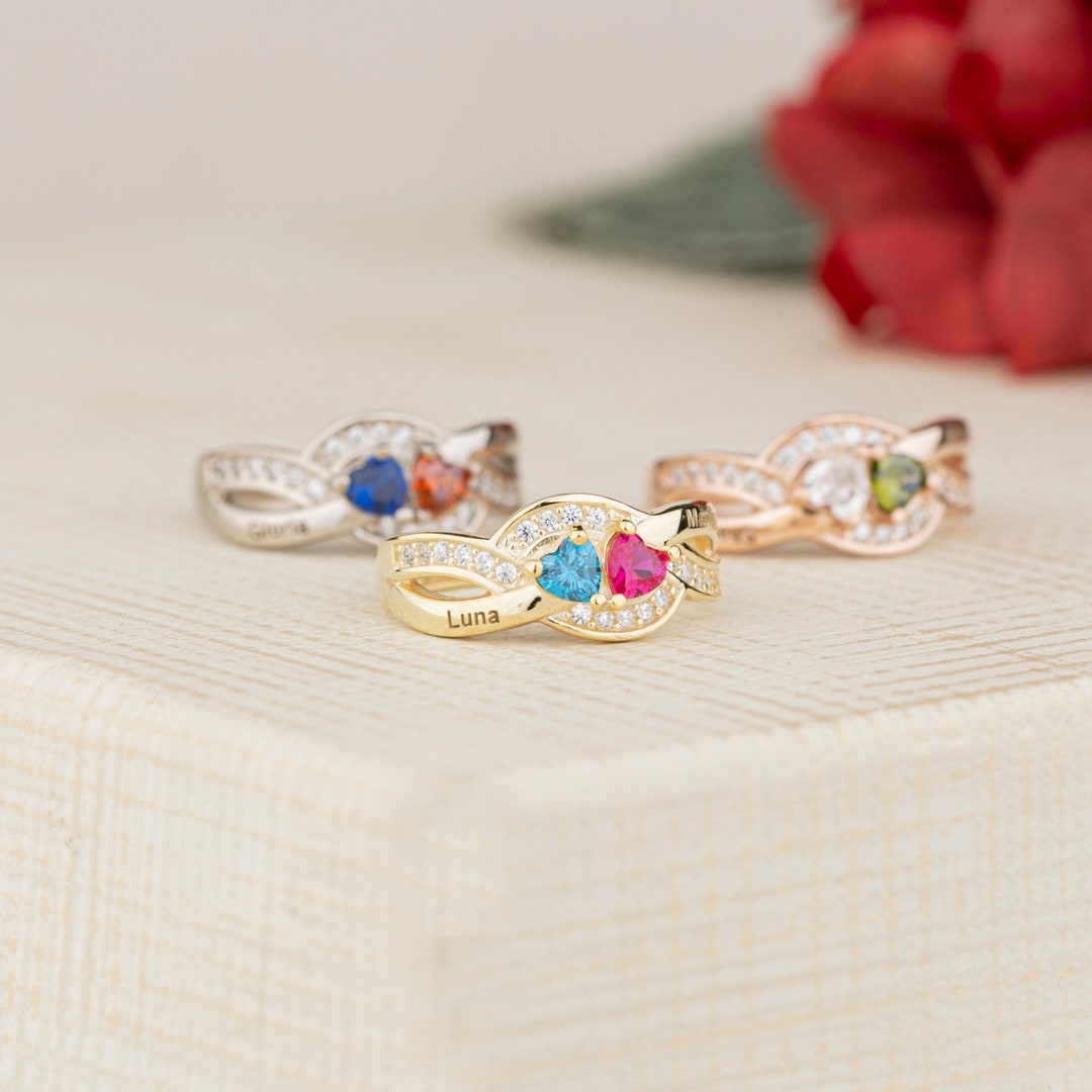 2 Heart Cut Birthstone Personalized Promise Ring, Two Name Engraved ...